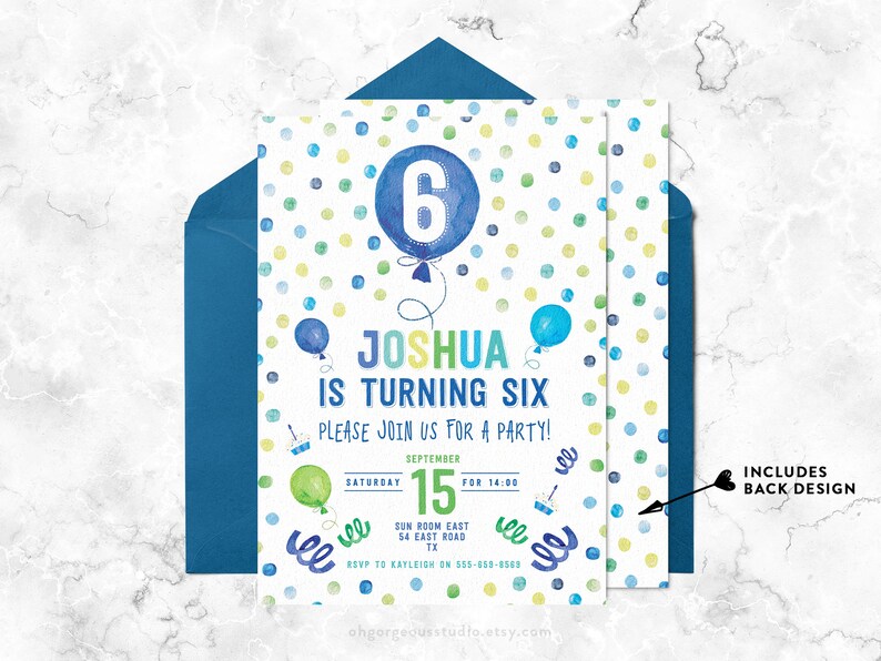 6th Birthday Invitation: Blue Confetti, Editable Template (5x7) - Etsy