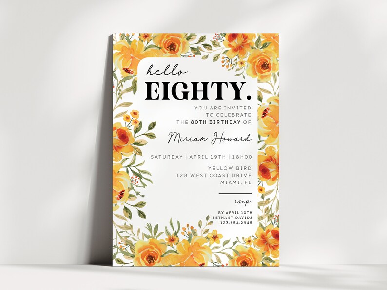 80th Birthday Invitation Template: Yellow Floral Design (digital ...