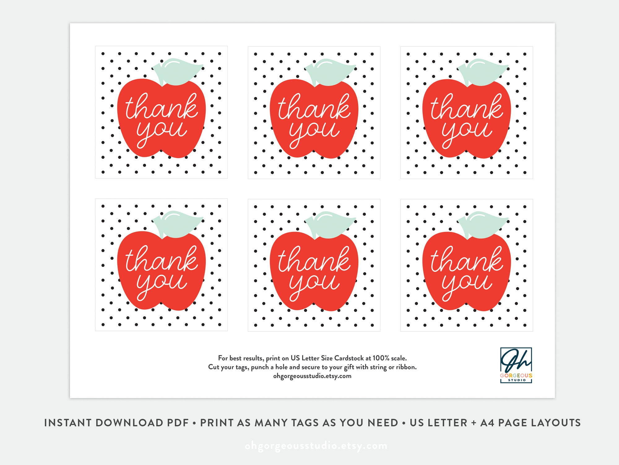 Red Apple Thank You Tag: Teacher Appreciation Gift (digital Download ...