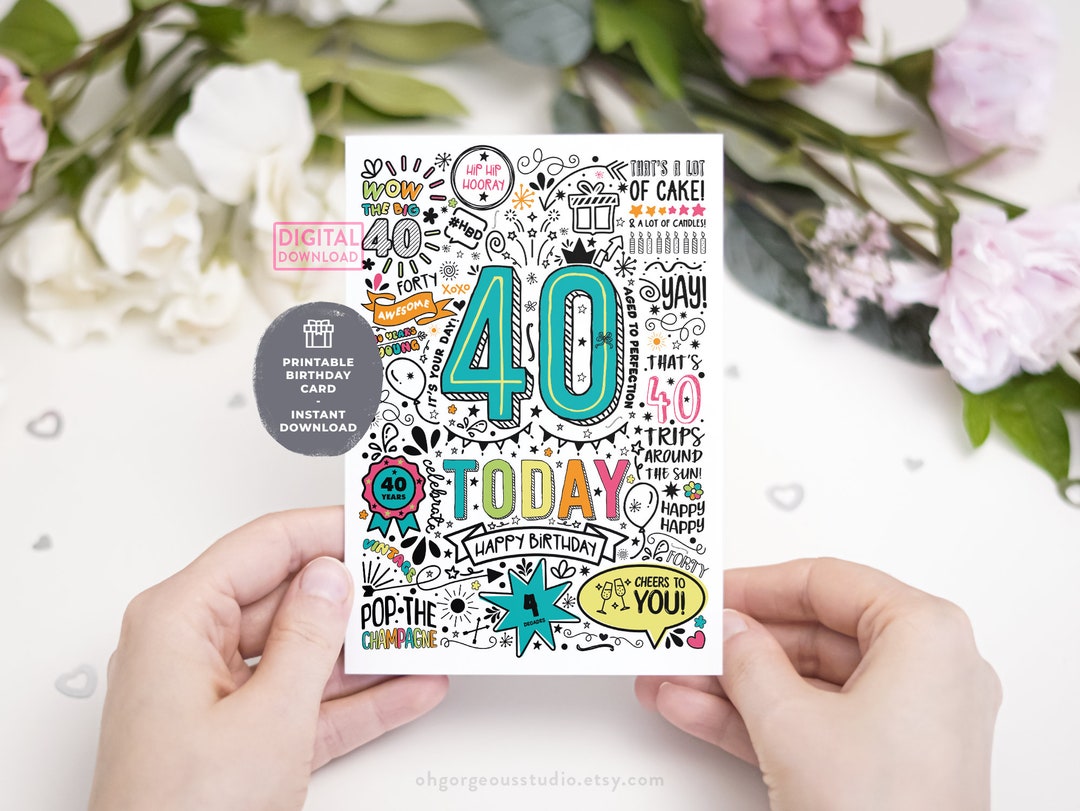 40th Printable Birthday Card 40 Today Birthday Downloadable - Etsy