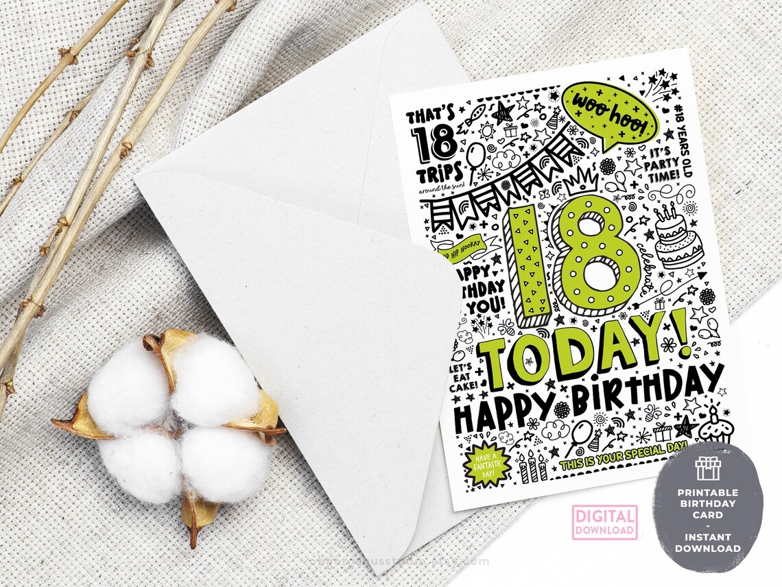 18th Printable Birthday Card 18 Today Birthday Downloadable - Etsy