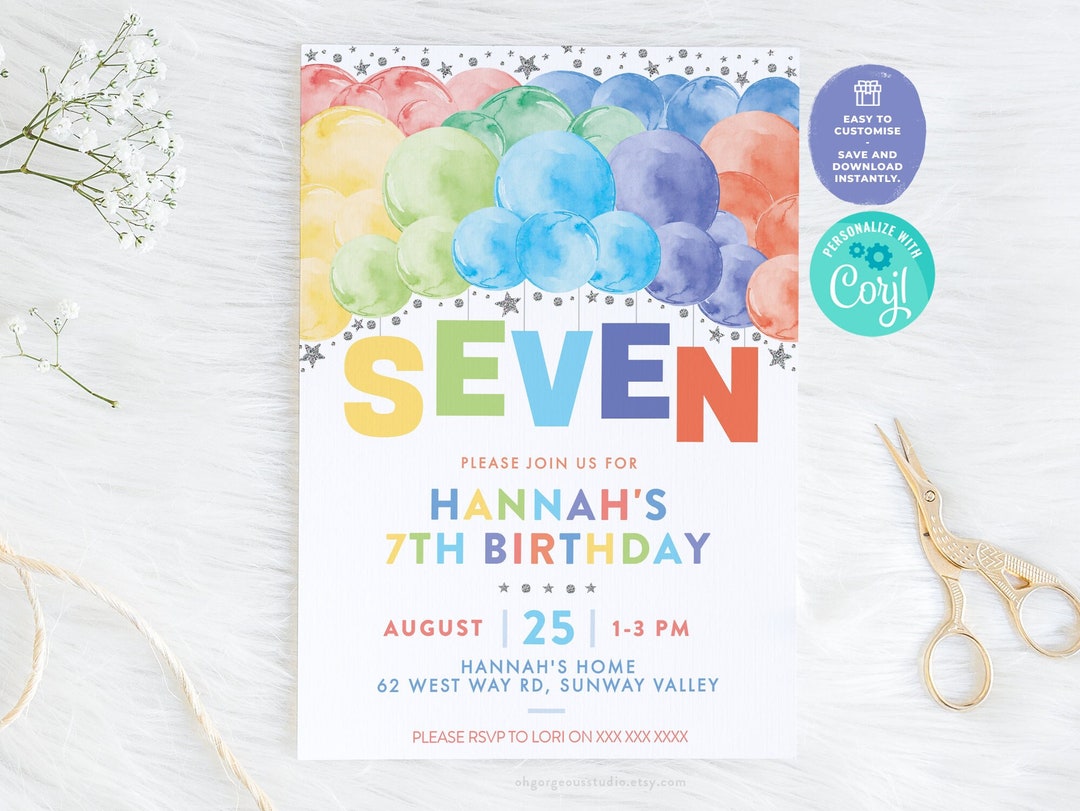 Rainbow Balloon 7th Birthday Invitation: Editable Template (corjl) - Etsy