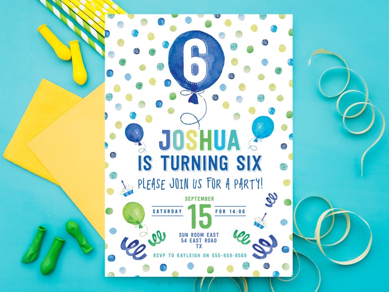 6th Birthday Invitation: Blue Confetti, Editable Template (5x7) - Etsy