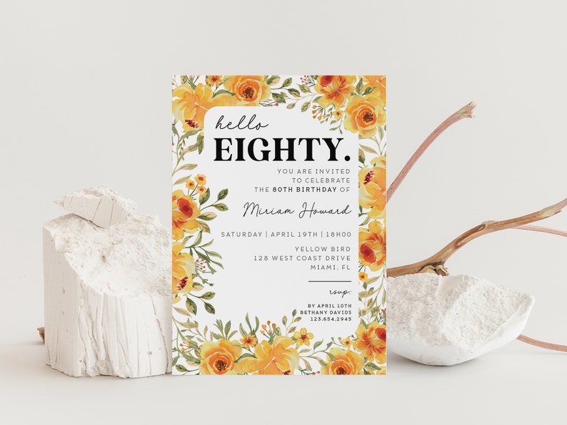 80th Birthday Invitation Template: Yellow Floral Design (digital ...