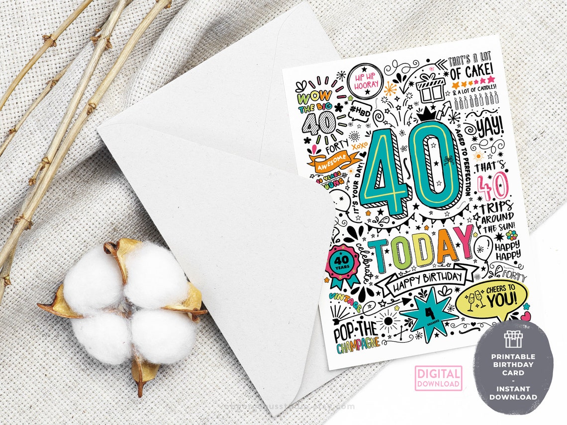 40th Printable Birthday Card 40 Today Birthday Downloadable - Etsy