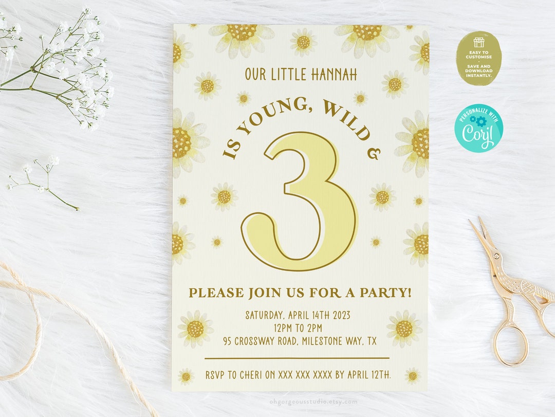 3rd Birthday Invitation | Daisy Theme Editable Birthday Invitation ...