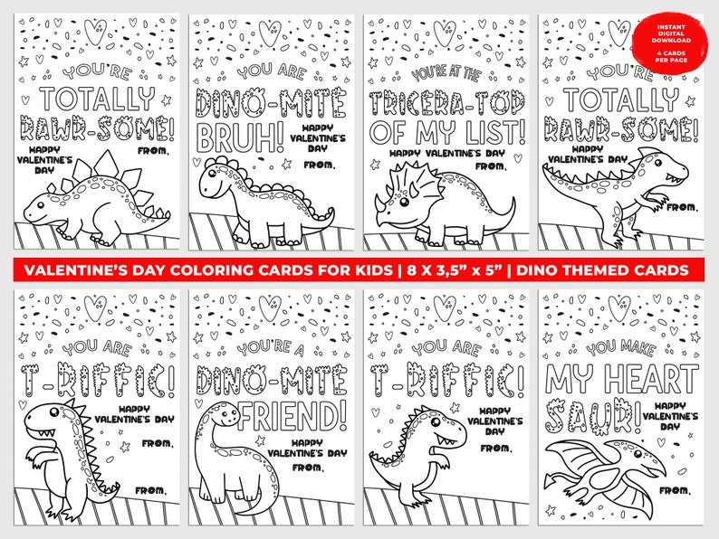 Dino Valentine Coloring Cards: Kids Classroom Valentines (printable PDF ...