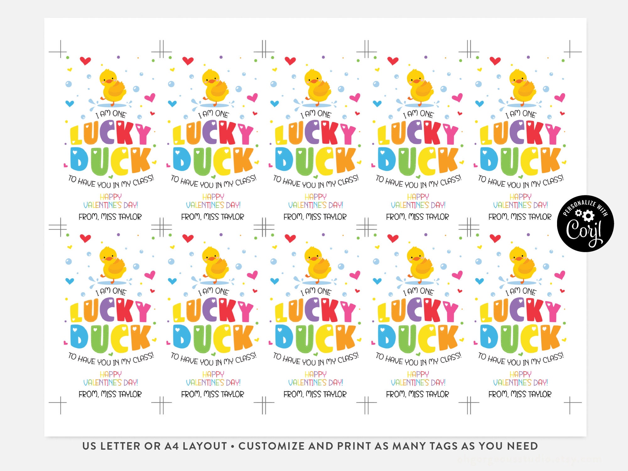 Lucky Duck Valentine's Day Teacher Tag: Editable Classroom Gift (PDF ...