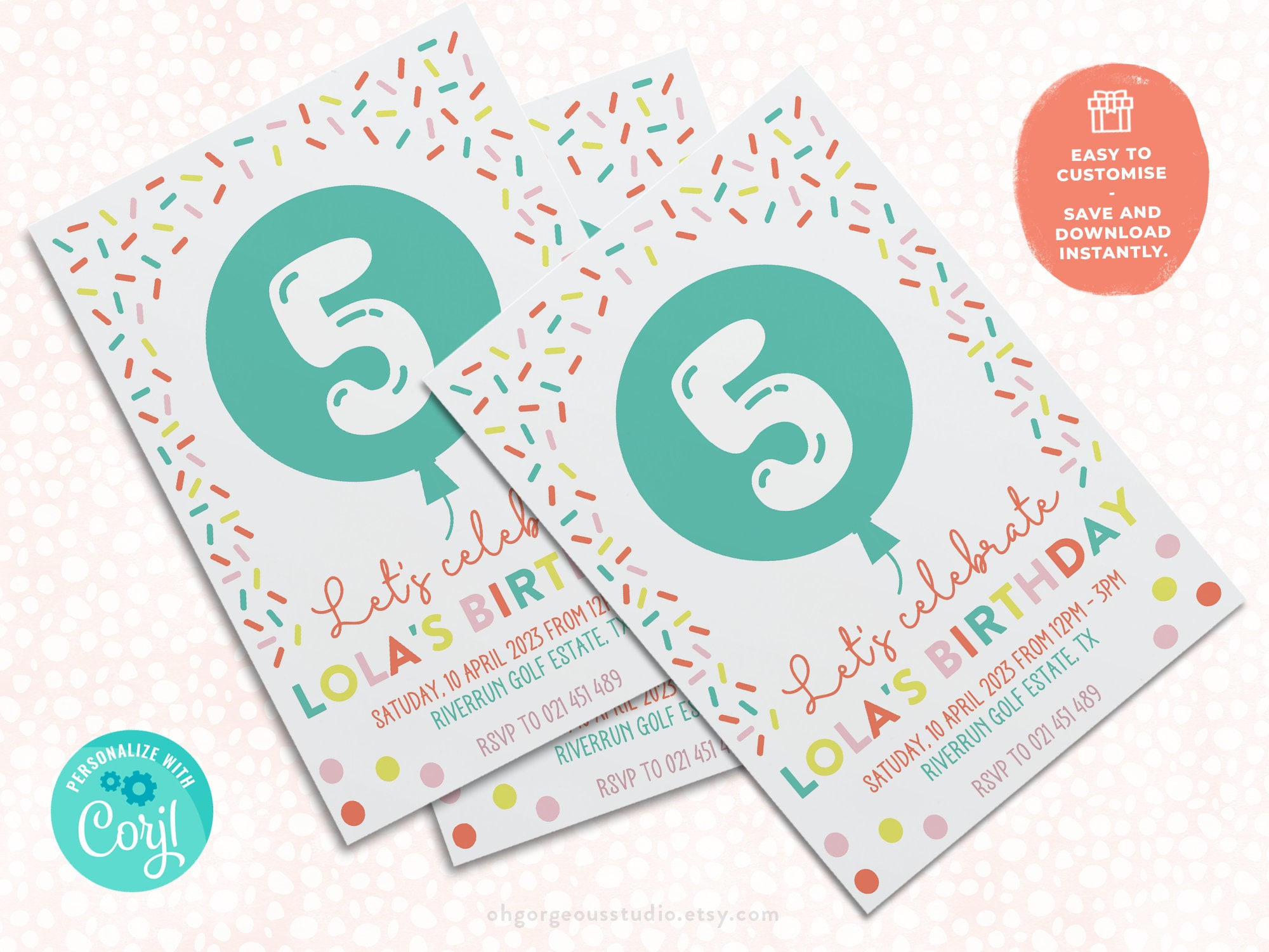 5th Birthday Confetti Party Invitation Editable Printable Birthday ...