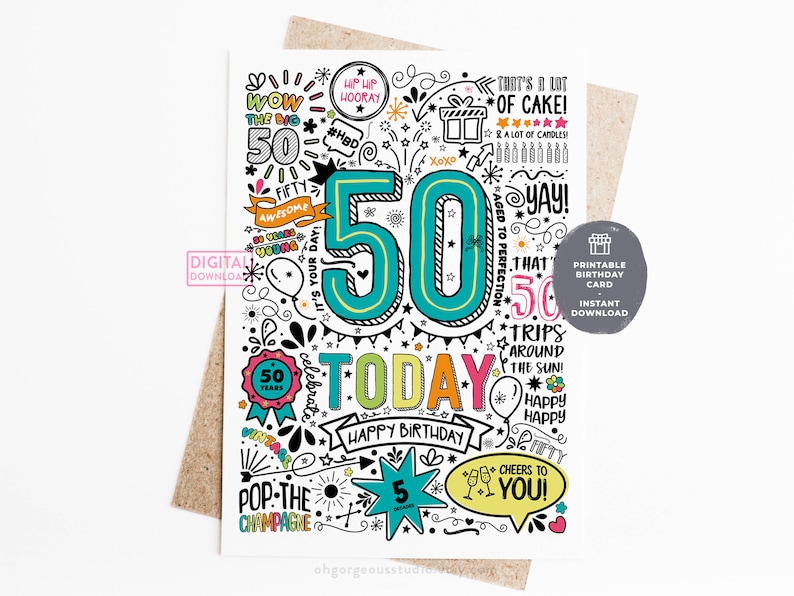 50th Birthday Card: Fun Doodle Style (digital Download) - Etsy