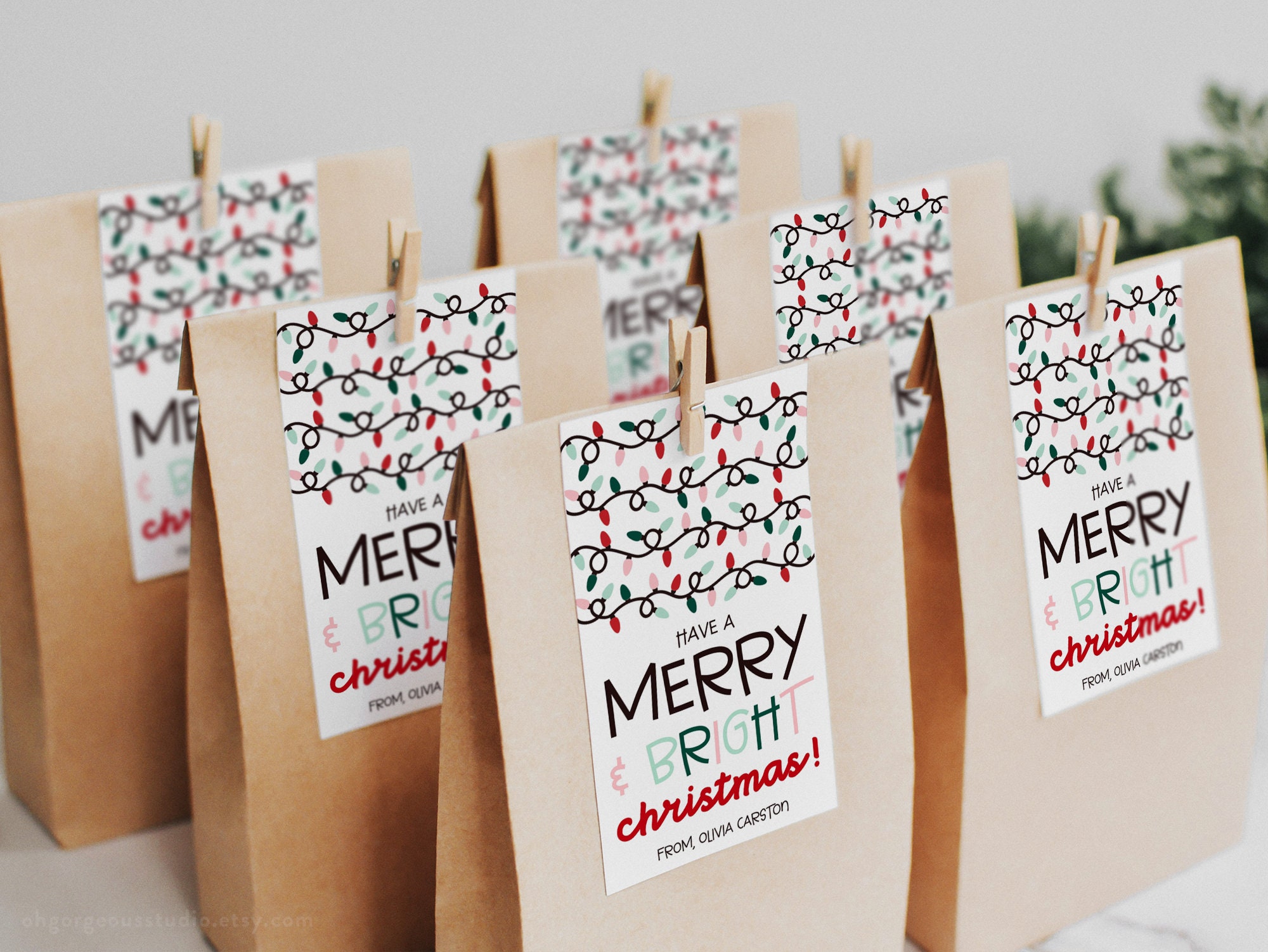Printable Christmas Lights Gift Tag, Merry and Bright Tag, Cute String ...