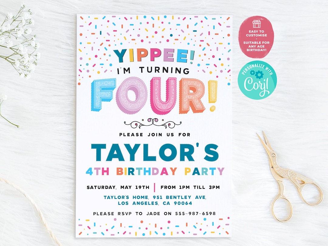 Yippee I'm Four Birthday Invitation: Colorful Kids Party (digital ...