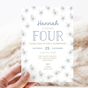 Flower Birthday Invitation | White and Blue Floral Invitation Template ...