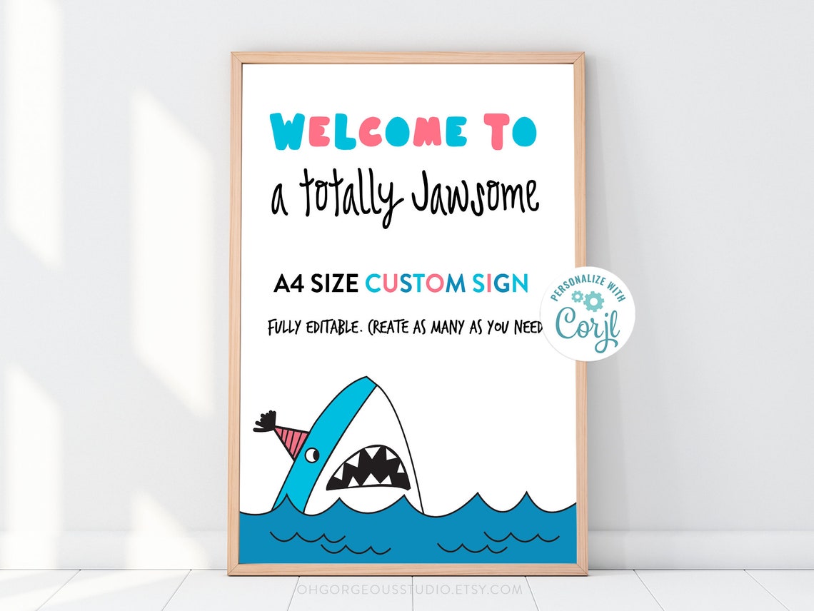 Shark Birthday Sign: Jawsome Pool Party Decor (printable Editable Sign ...