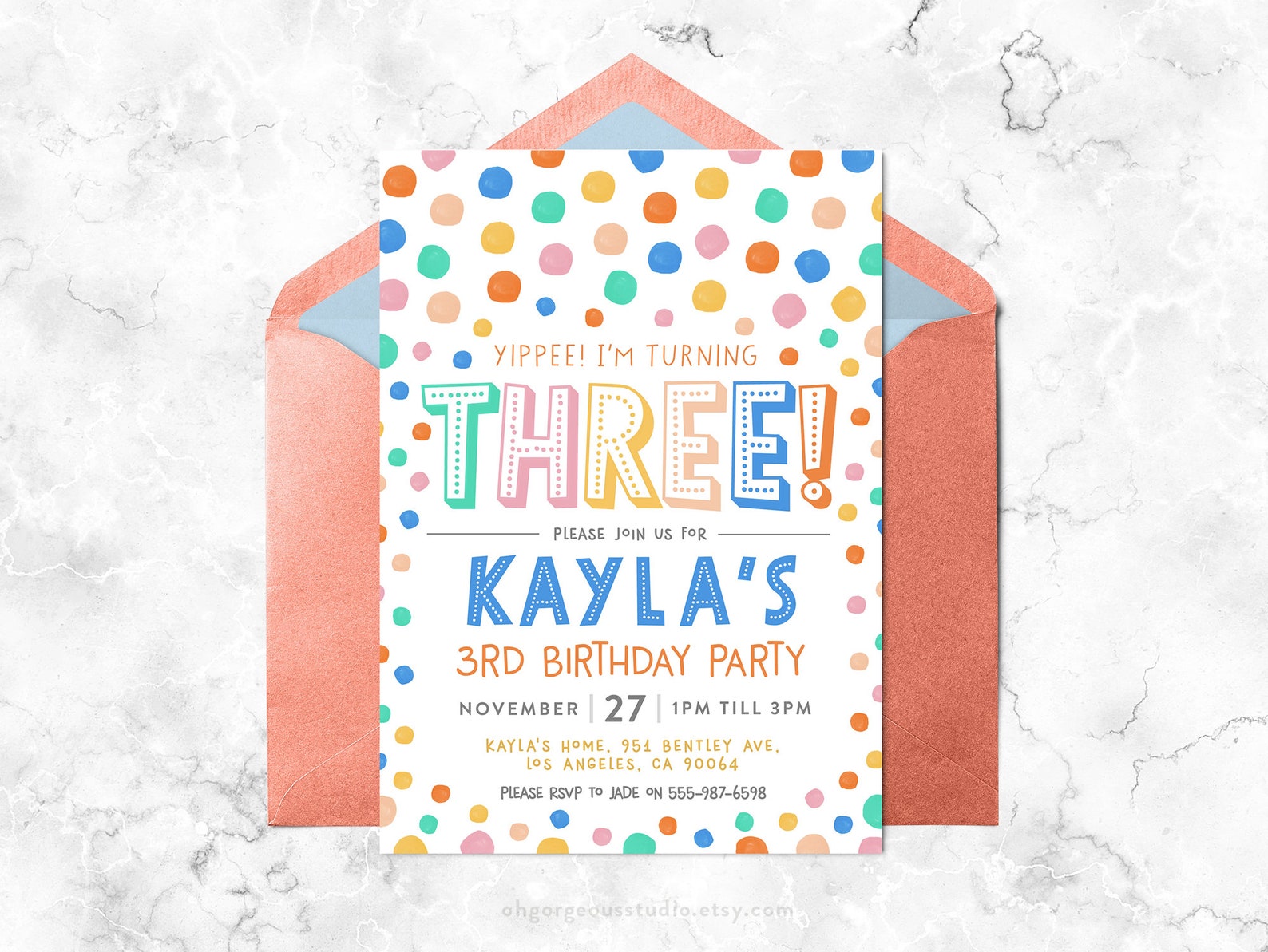 Yippee I'm Three Invitation: Colorful Confetti 3rd Birthday (editable ...