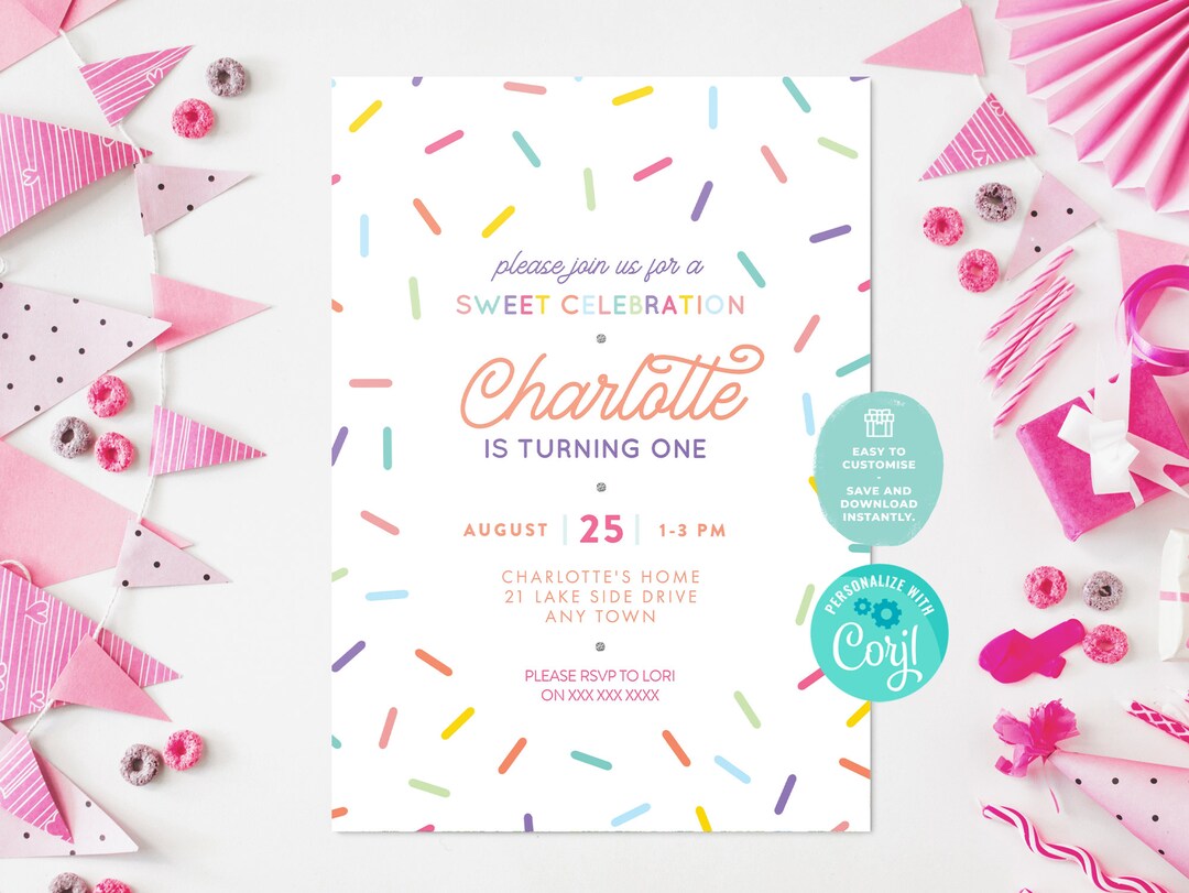 1st Birthday Sprinkles Invitation | 1 Year Old Birthday, Invitation ...