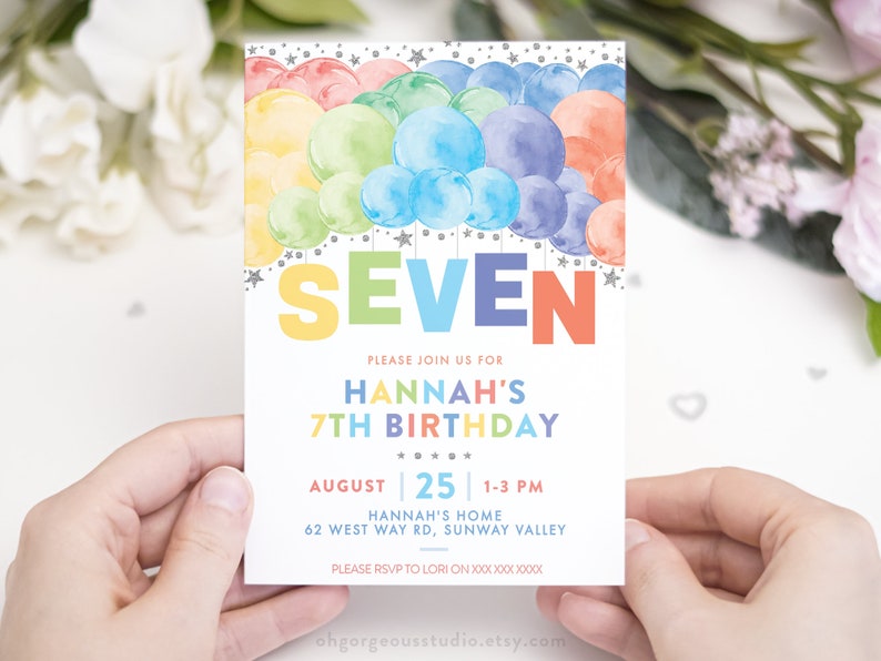 7th Birthday Invitation Rainbow Balloon Party Invite for Boy - Etsy