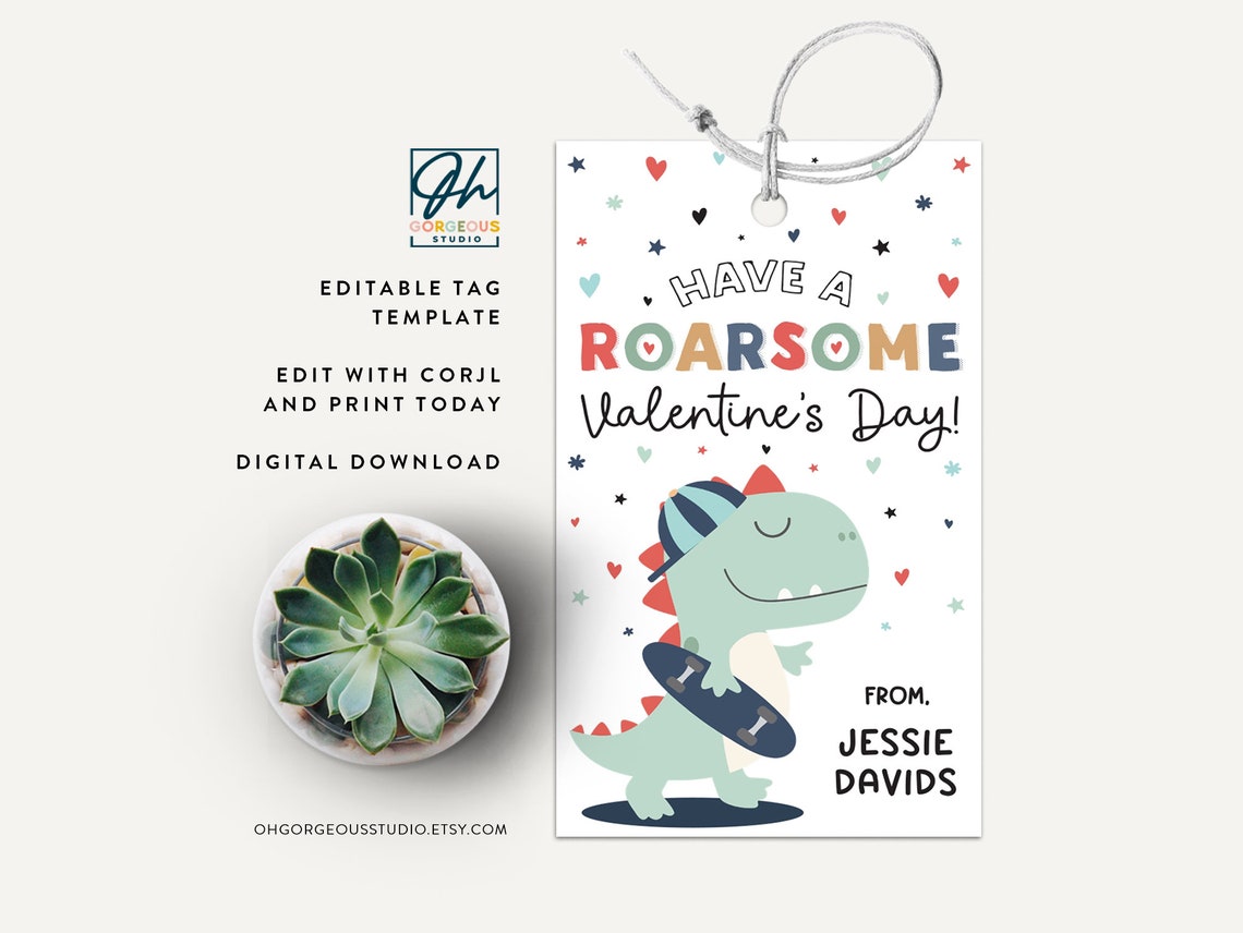 Editable Dinosaur Valentine's Day Favor Tag (digital Download) - Etsy