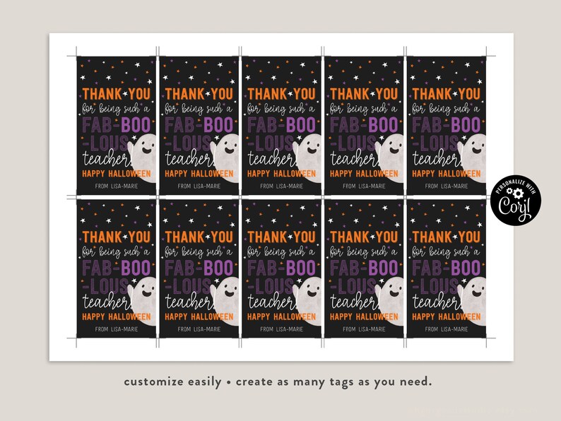 Halloween Teacher Gift Tag Template Printable Fab-boo-lous - Etsy