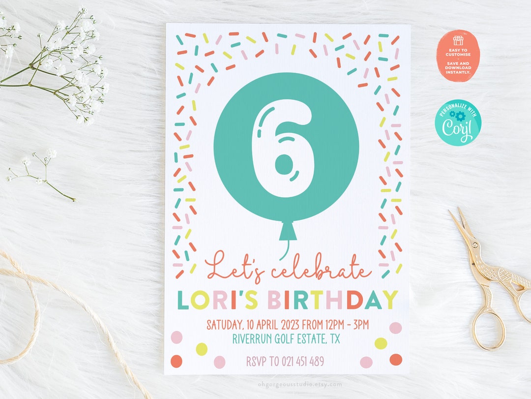 6th Birthday Confetti Party Invitation | Editable Printable Birthday ...
