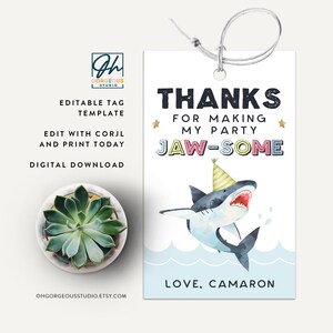 Shark Party Favors Thank You Tag | Editable Template, Shark Birthday ...