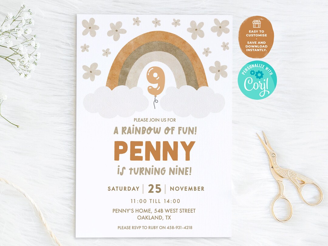 Boho Rainbow 9th Birthday Invitation: Editable Party Invite - Etsy