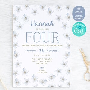 Flower Birthday Invitation | White and Blue Floral Invitation Template ...