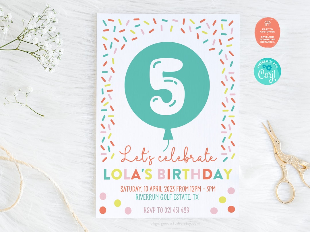 5th Birthday Confetti Invitation: Editable Balloon Party Invite ...
