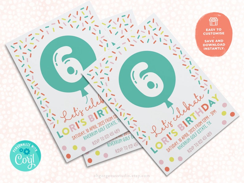 6th Birthday Confetti Party Invitation Editable Printable - Etsy