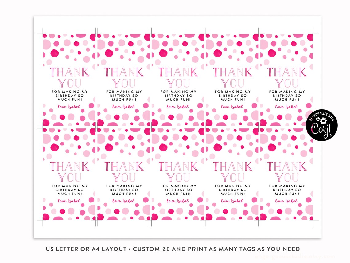 Pink Thank You Tags Birthday Party Printable Pink Ombre - Etsy