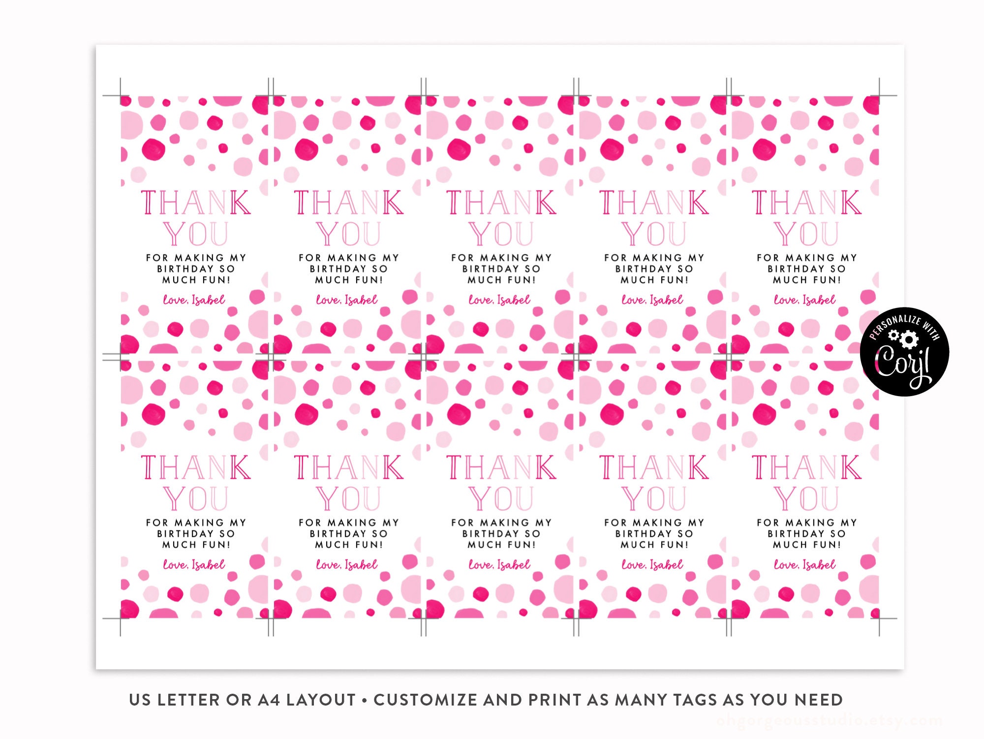Pink Thank You Tags Birthday Party Printable Pink Ombre - Etsy