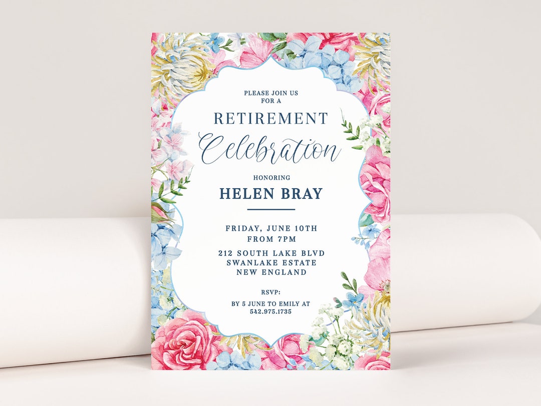 Floral Retirement Invitation Template: Hydrangea & Rose (editable in ...