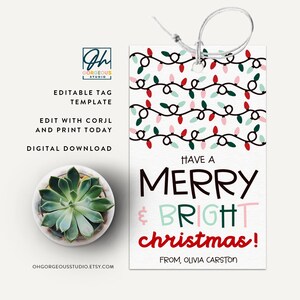 Printable Christmas Lights Gift Tag, Merry and Bright Tag, Cute String ...