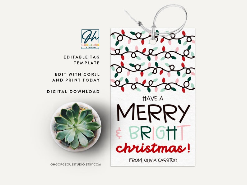 Printable Christmas Lights Gift Tag, Merry and Bright Tag, Cute String ...