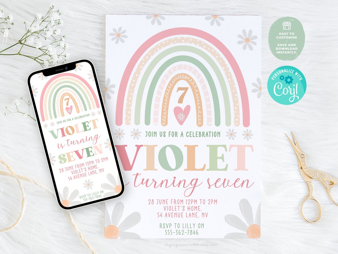 7th Birthday Invitation | Boho Rainbow Party Invite, Seven Birthday ...