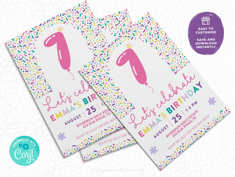 7th Birthday Invitation Editable Princess Sprinkles Party - Etsy