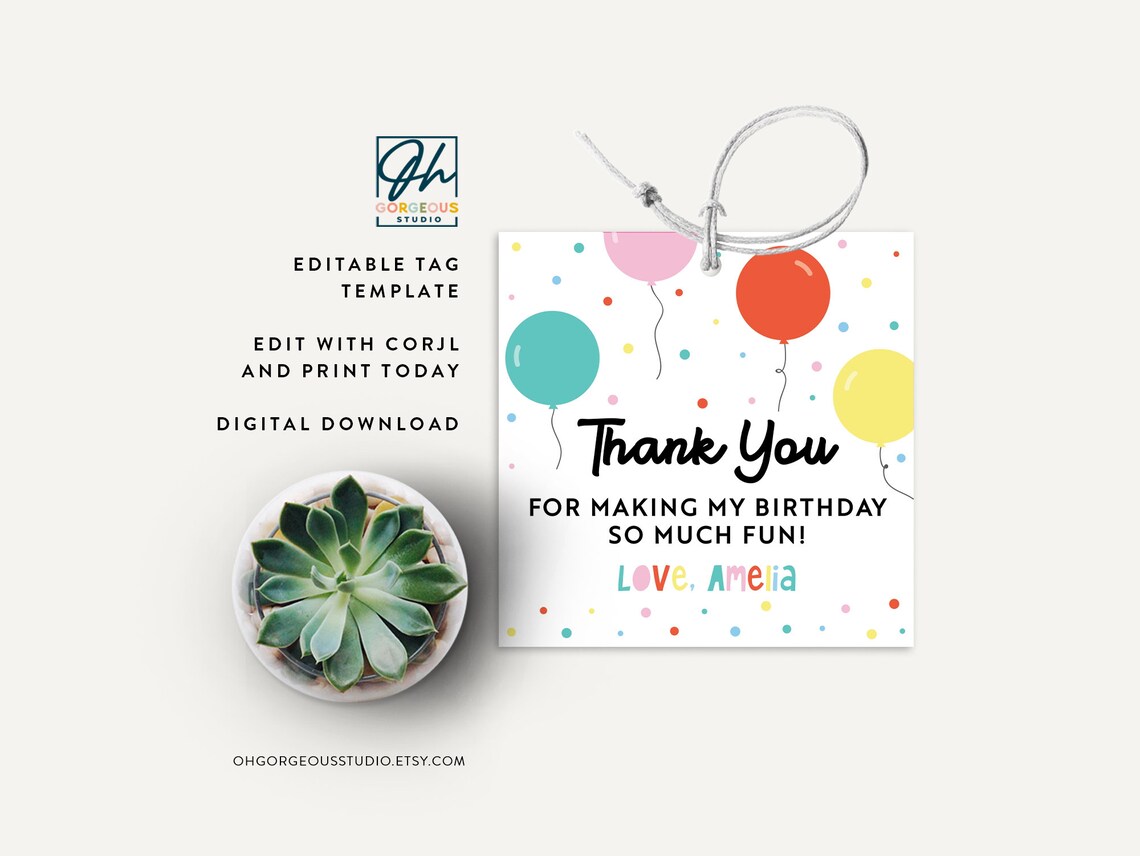Balloon Birthday Thank You Tag: Editable Party Favor (digital Download ...