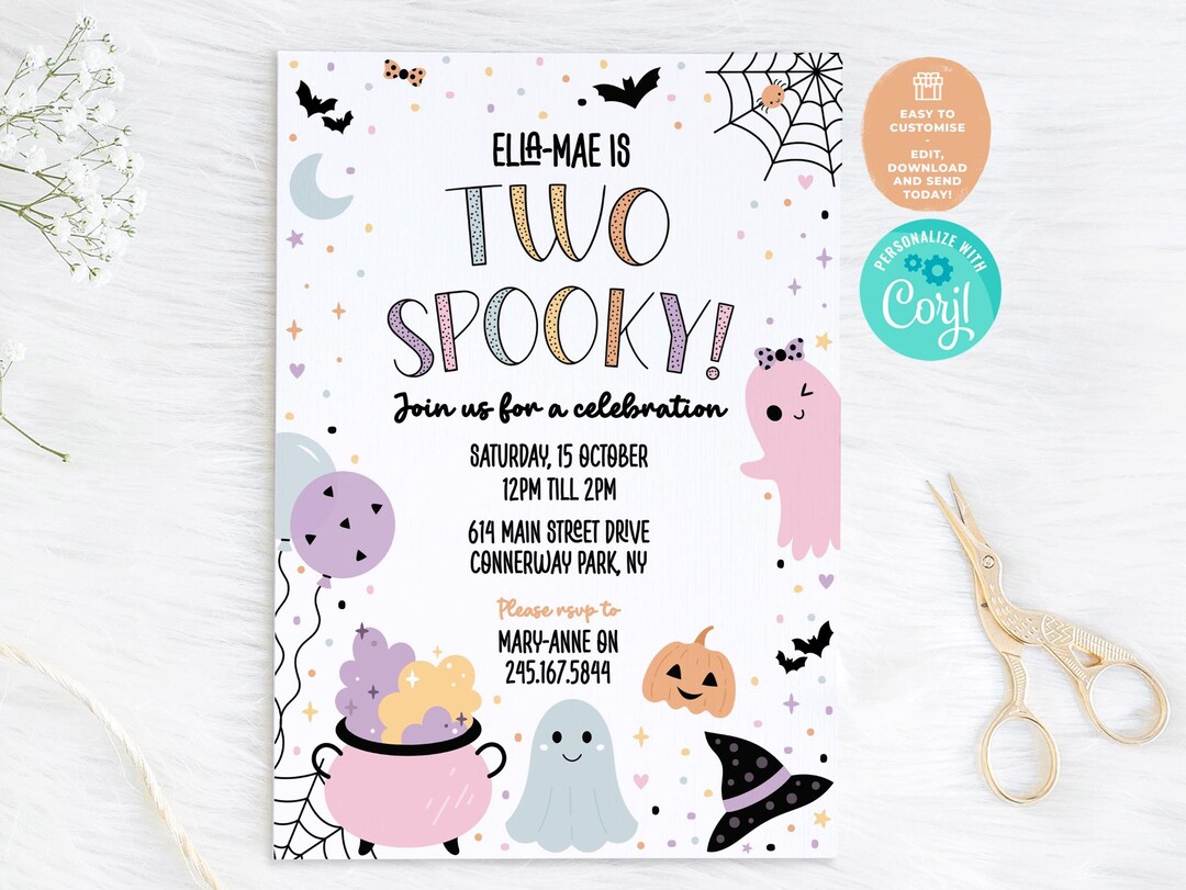 Two Spooky Birthday Invitation: Girl's Halloween Party Invite (digital ...