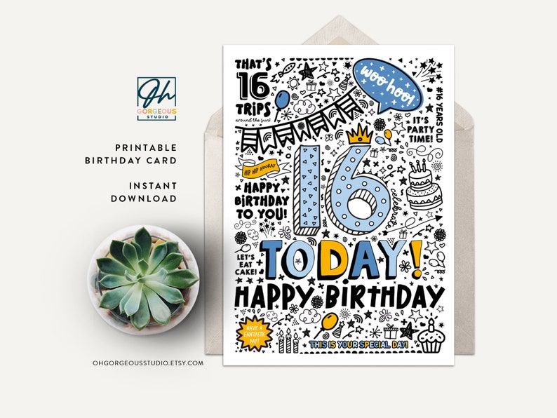 Printable 16th Birthday Card: Doodle Style (digital Download) - Etsy