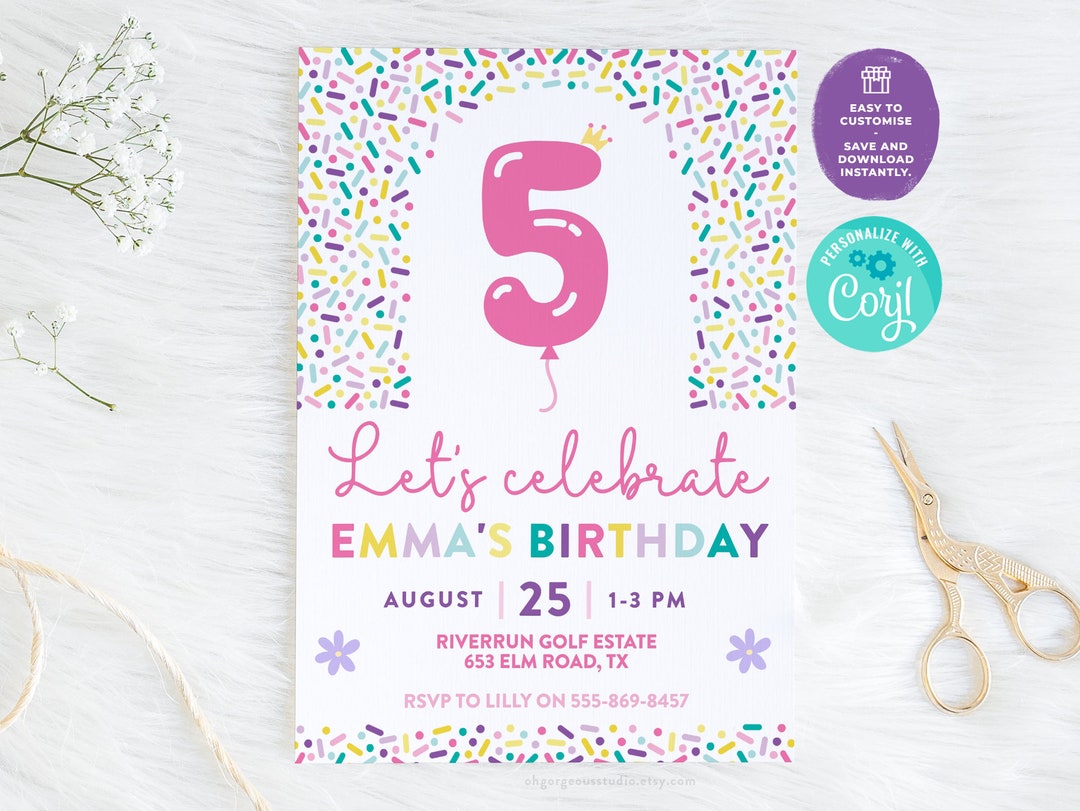 5th Birthday Confetti Invitation: Editable Party Invite (corjl) - Etsy