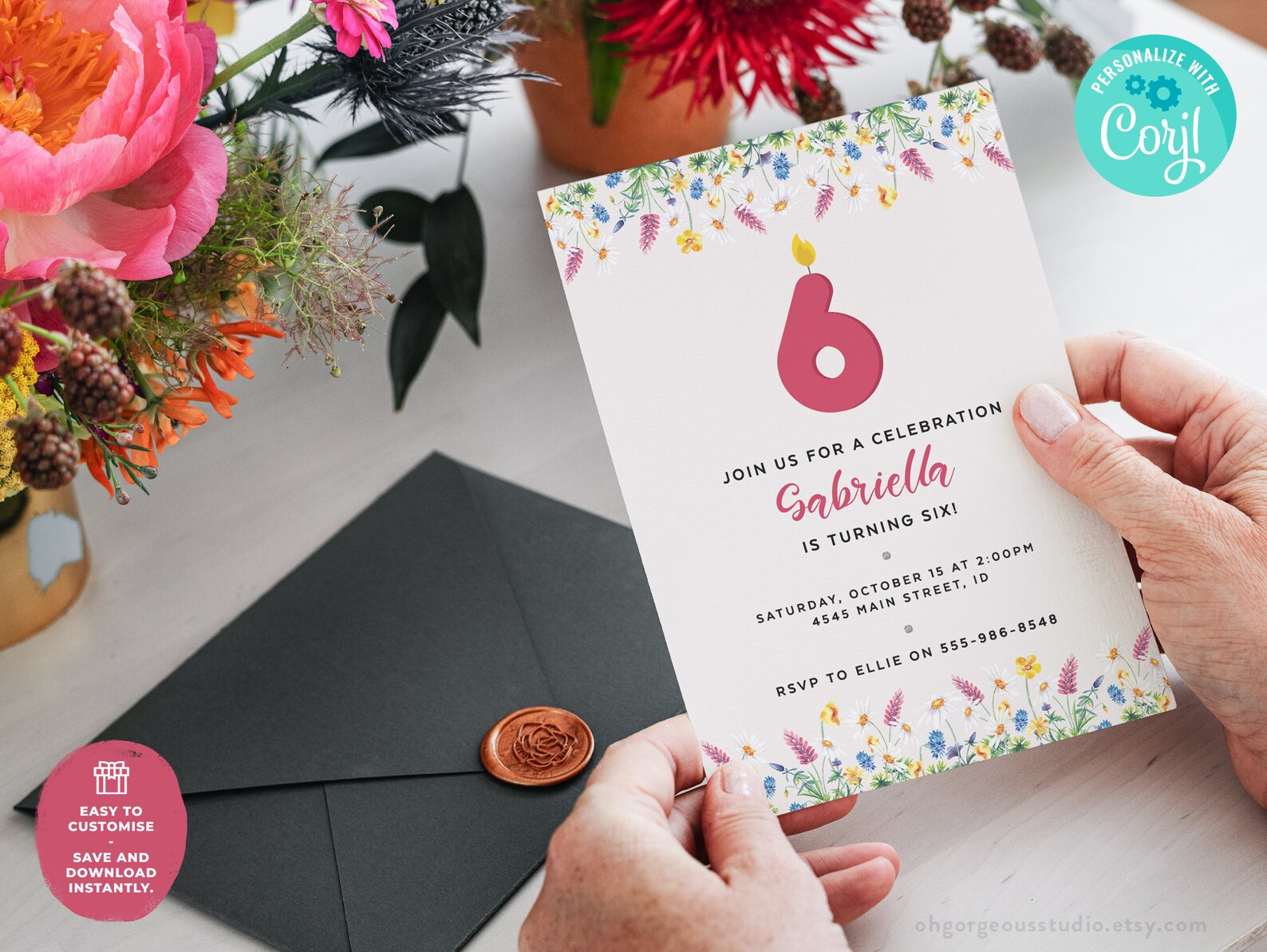 6th Birthday Party Invitation Editable Printable Flower - Etsy