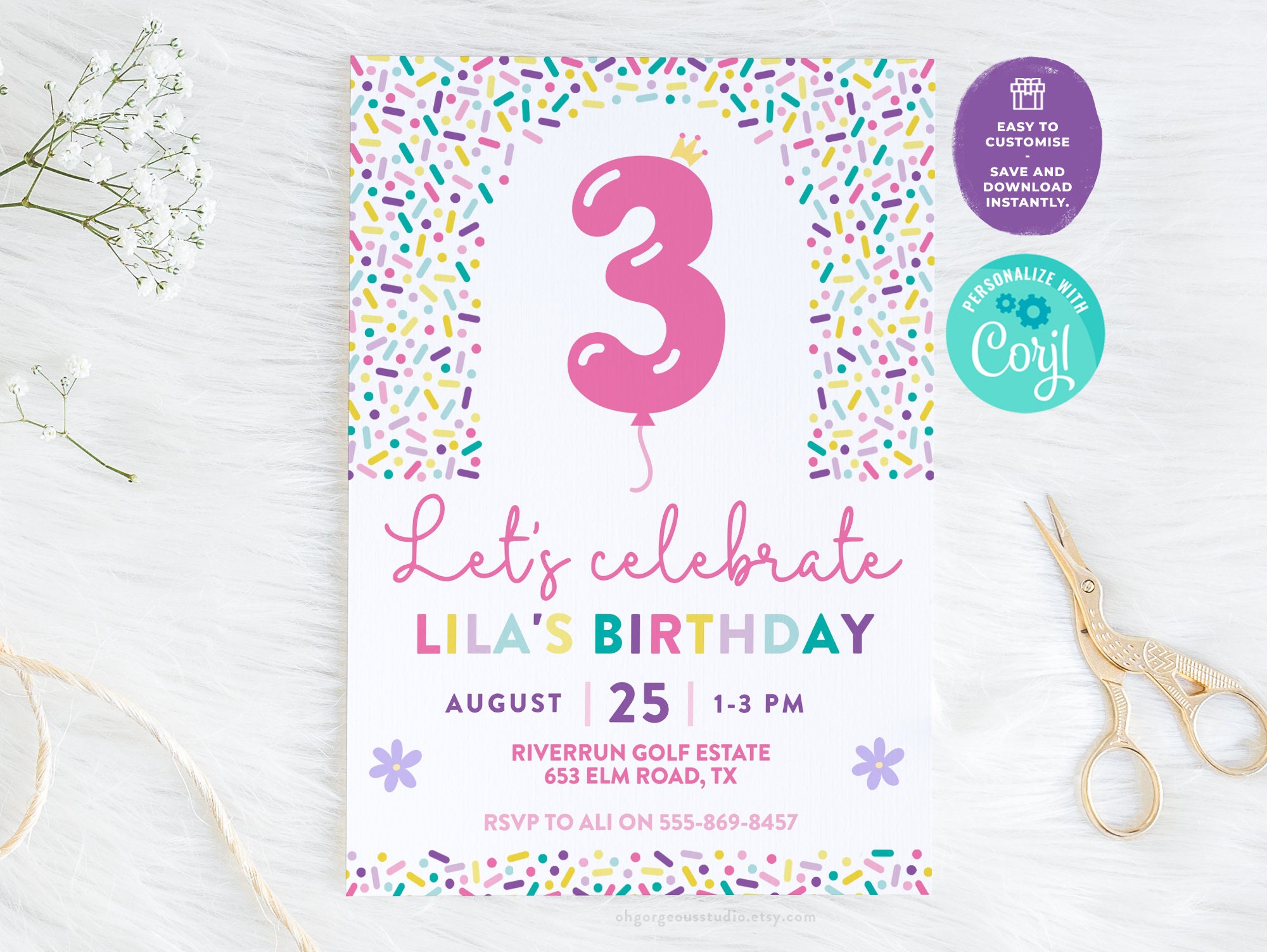 3rd Birthday Confetti Party Invitation Editable Printable - Etsy