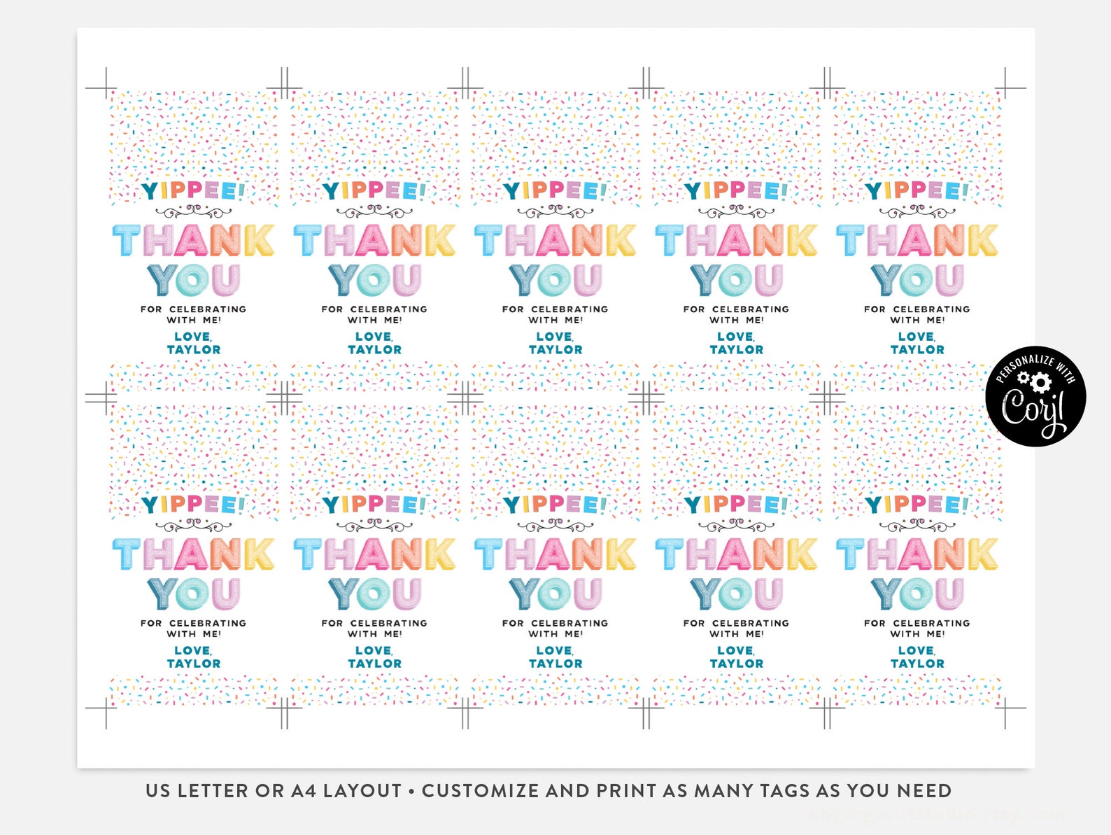 Editable Birthday Party Favor Tag: Yippee Thank You (digital Template ...