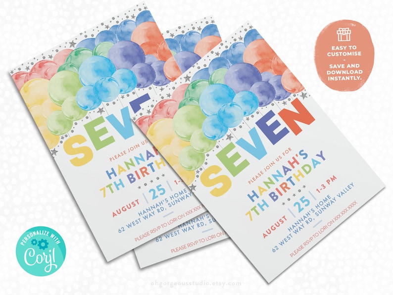7th Birthday Invitation Rainbow Balloon Party Invite for Boy - Etsy