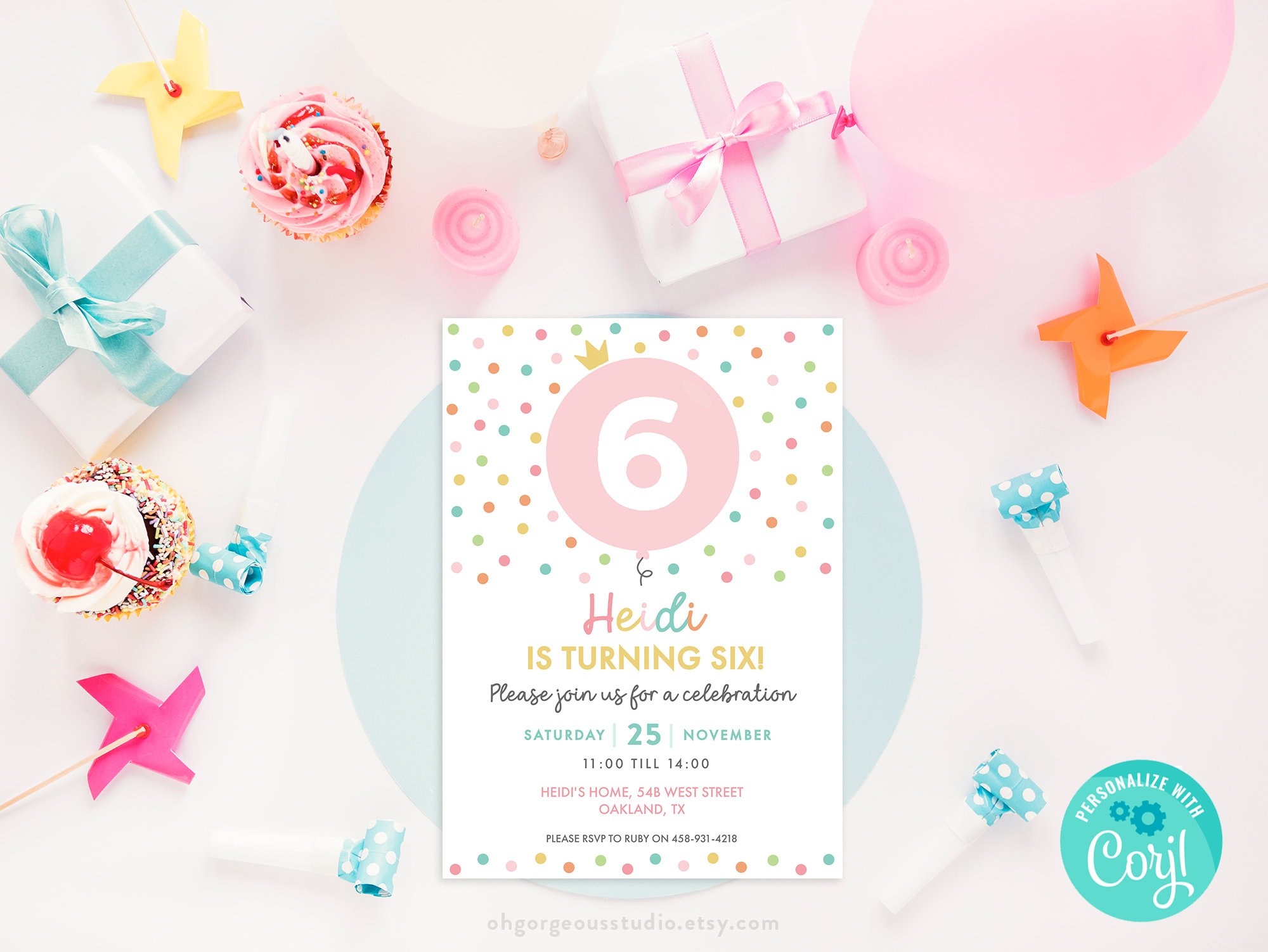 6th Birthday Invitation Modern Pastel Printable Invite for Girl, Boho ...