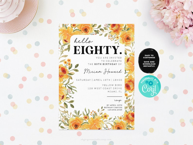 80th Birthday Invitation Template: Yellow Floral Design (digital ...