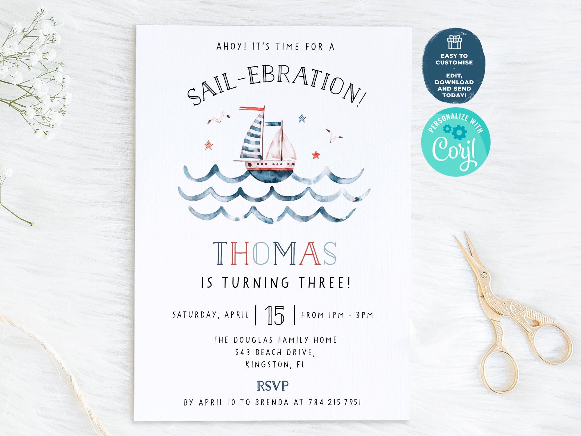 Ahoy Nautical Birthday Invitation, Editable Template, Sail-ebration ...