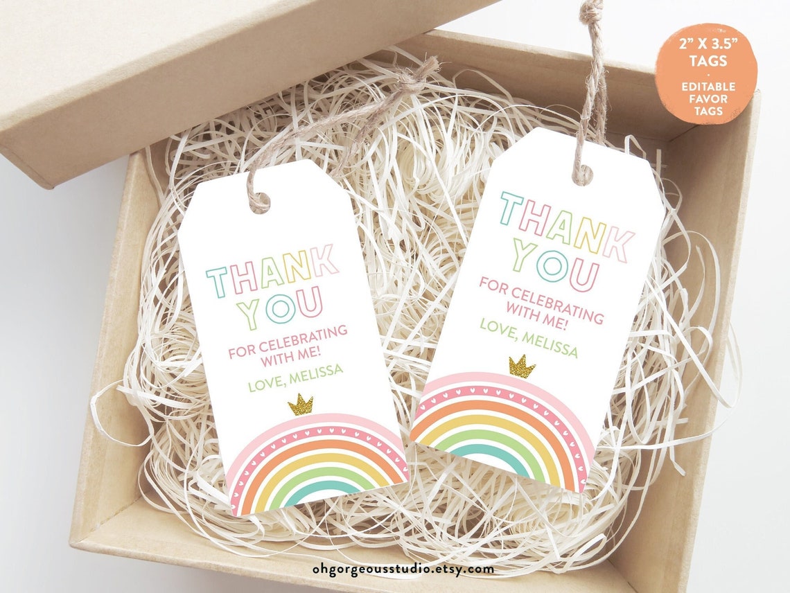 Editable Rainbow Favor Tag Printable Rectangle Thank You - Etsy