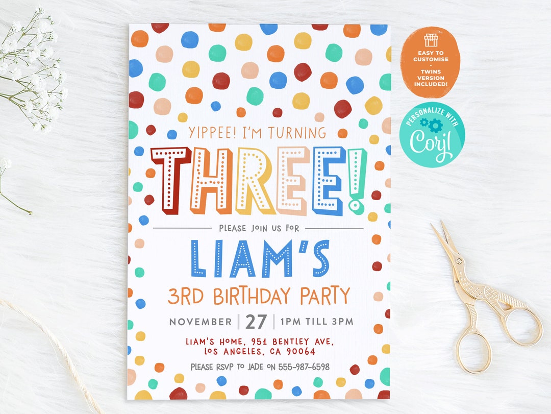 3rd Birthday Invitation | Yippee I'm Three Editable Party Template ...