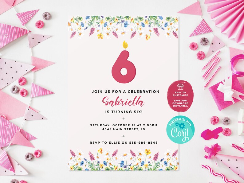 6th Birthday Party Invitation Editable Printable Flower - Etsy